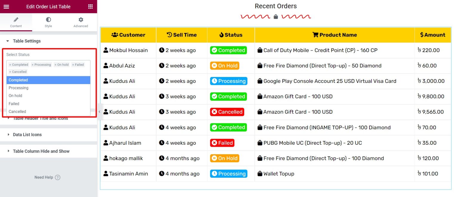 WooCommerce Order List Table Elementor Widget