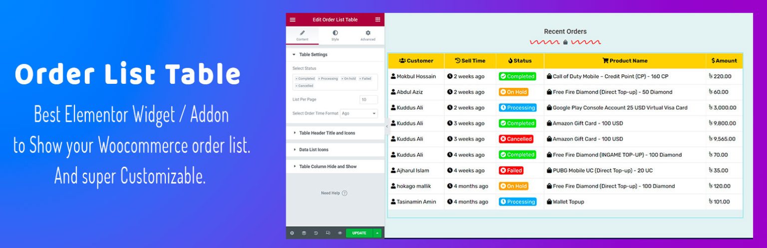 WooCommerce Order List Table Elementor Widget